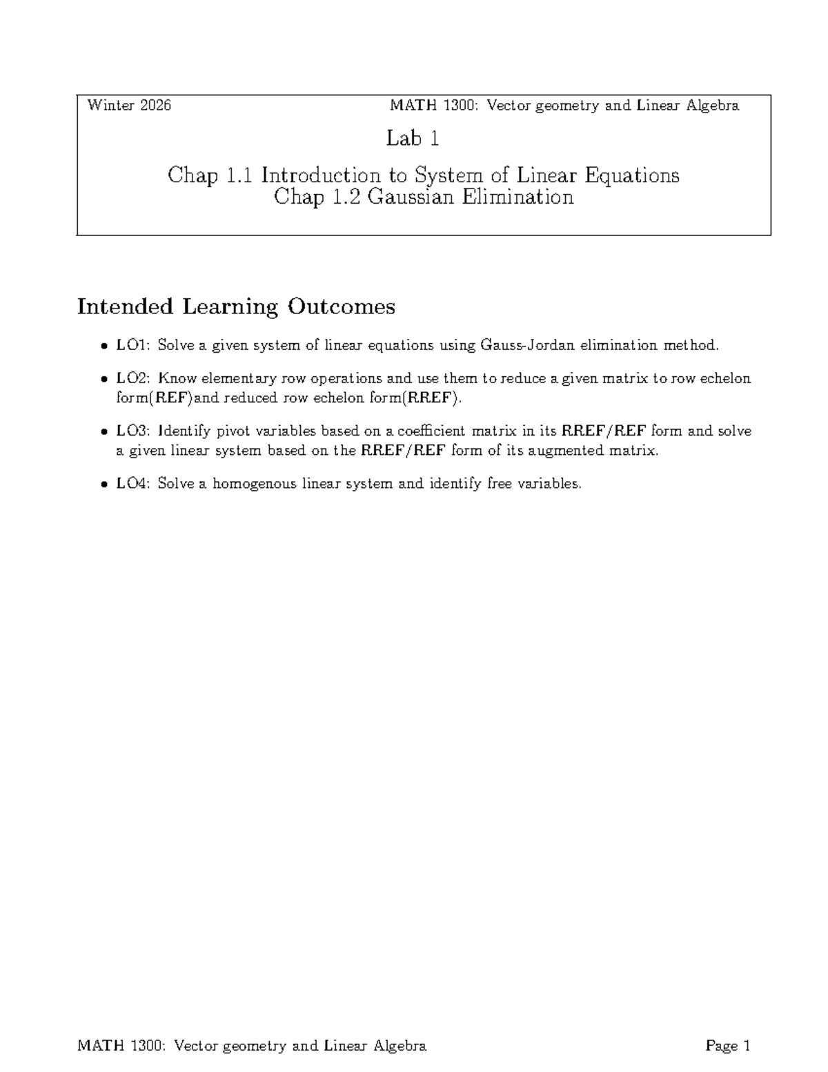 MATH 1300 Lab Worksheet Wk1: Linear Equations & Gaussian Elimination ...