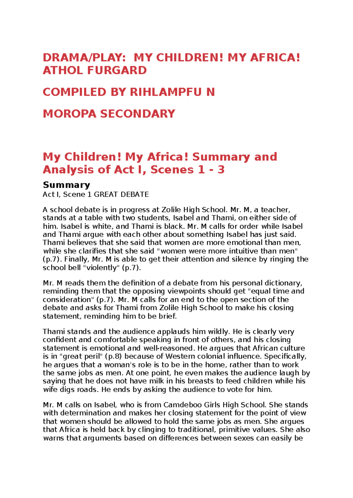 My Children! My Africa (ATHOL FUGARD) - Act I Scenes 1-6 Notes - Studocu