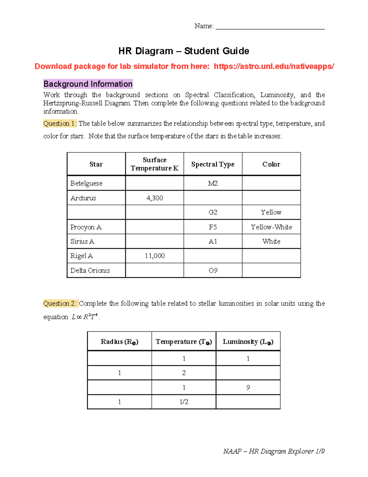 HR Diagram – Student Guide for Astronomy 101 - Studocu