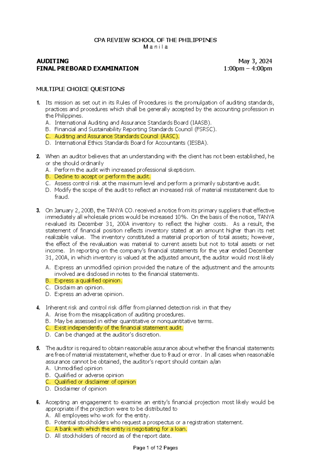 CPAR 95 AUD Final Exam Reviewer 2024 - Pre-board Questions - Studocu
