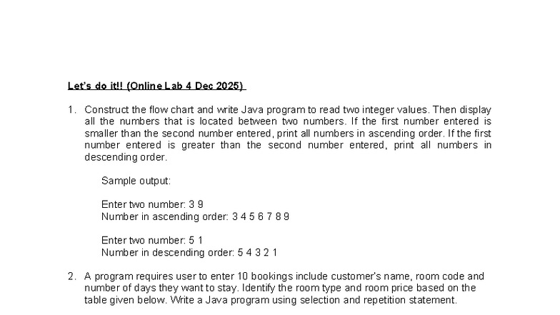 Lab 7 - Tutorial: Java Program for Number Range & Hotel Booking - Studocu