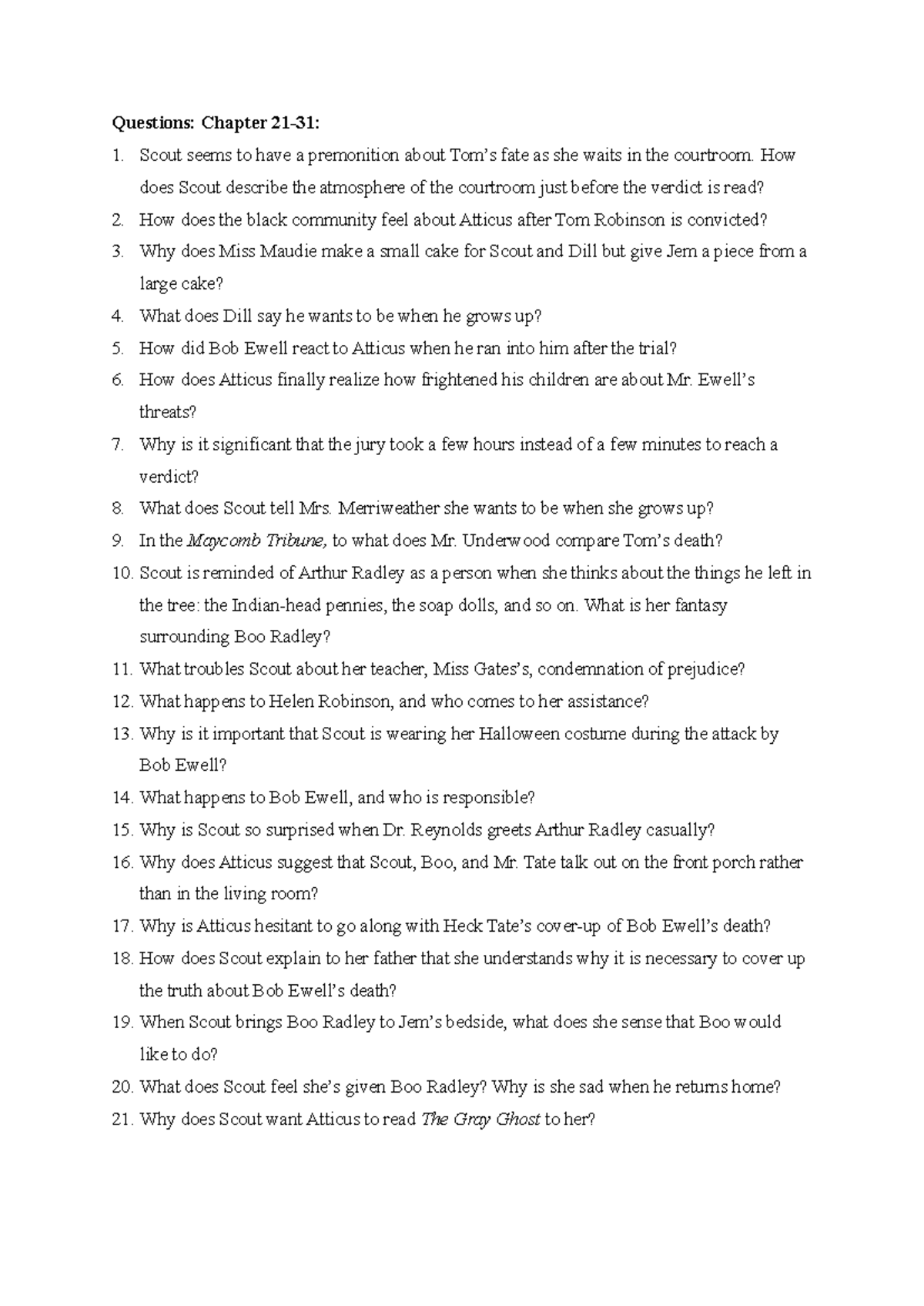 To Kill A Mockingbird - Chapter 21-31 Study Questions and Answers - Studocu