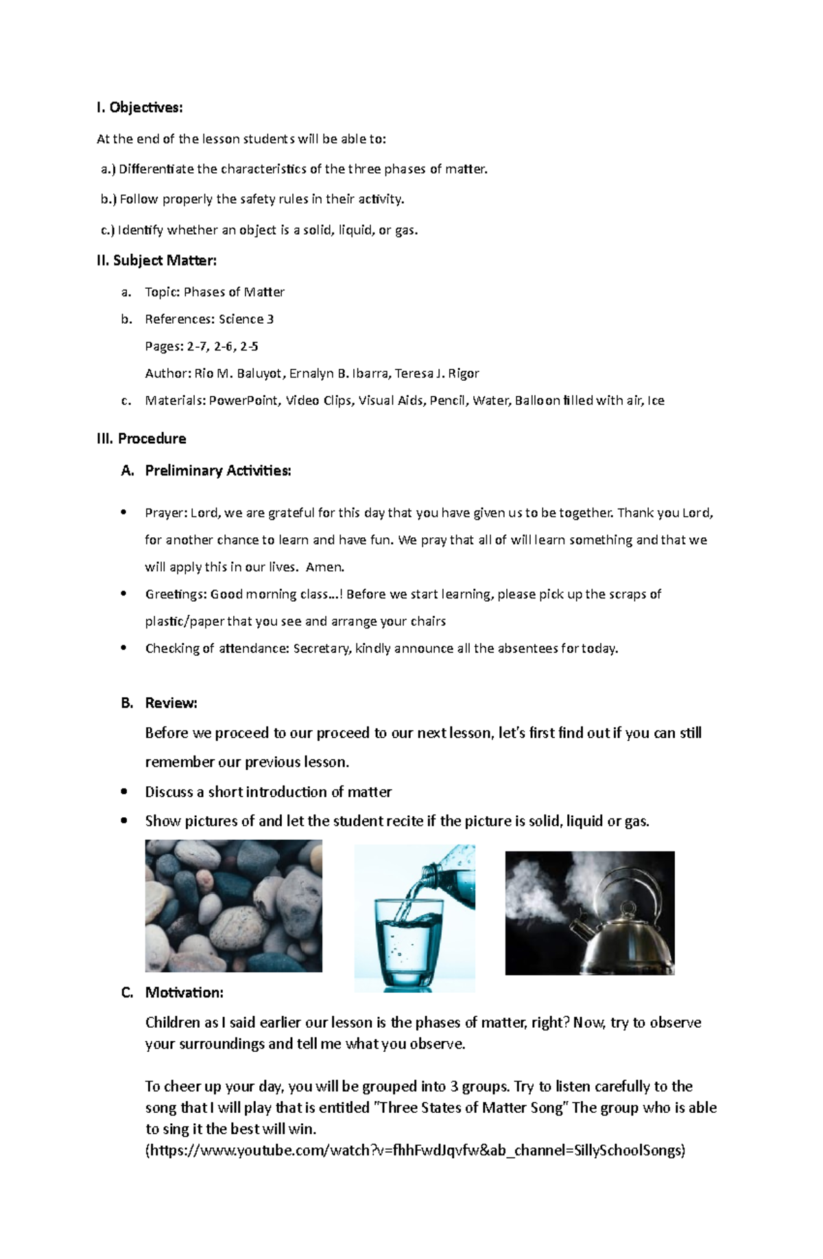 Semi-Detailed Lesson Plan in Science 3: Phases of Matter - Studocu