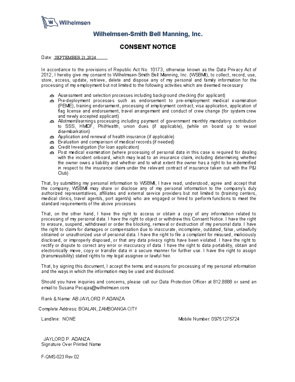 Wsbmi F-QMS-023-Rev 02 Consent Notice FORM - Wilhelmsen-Smith Bell ...