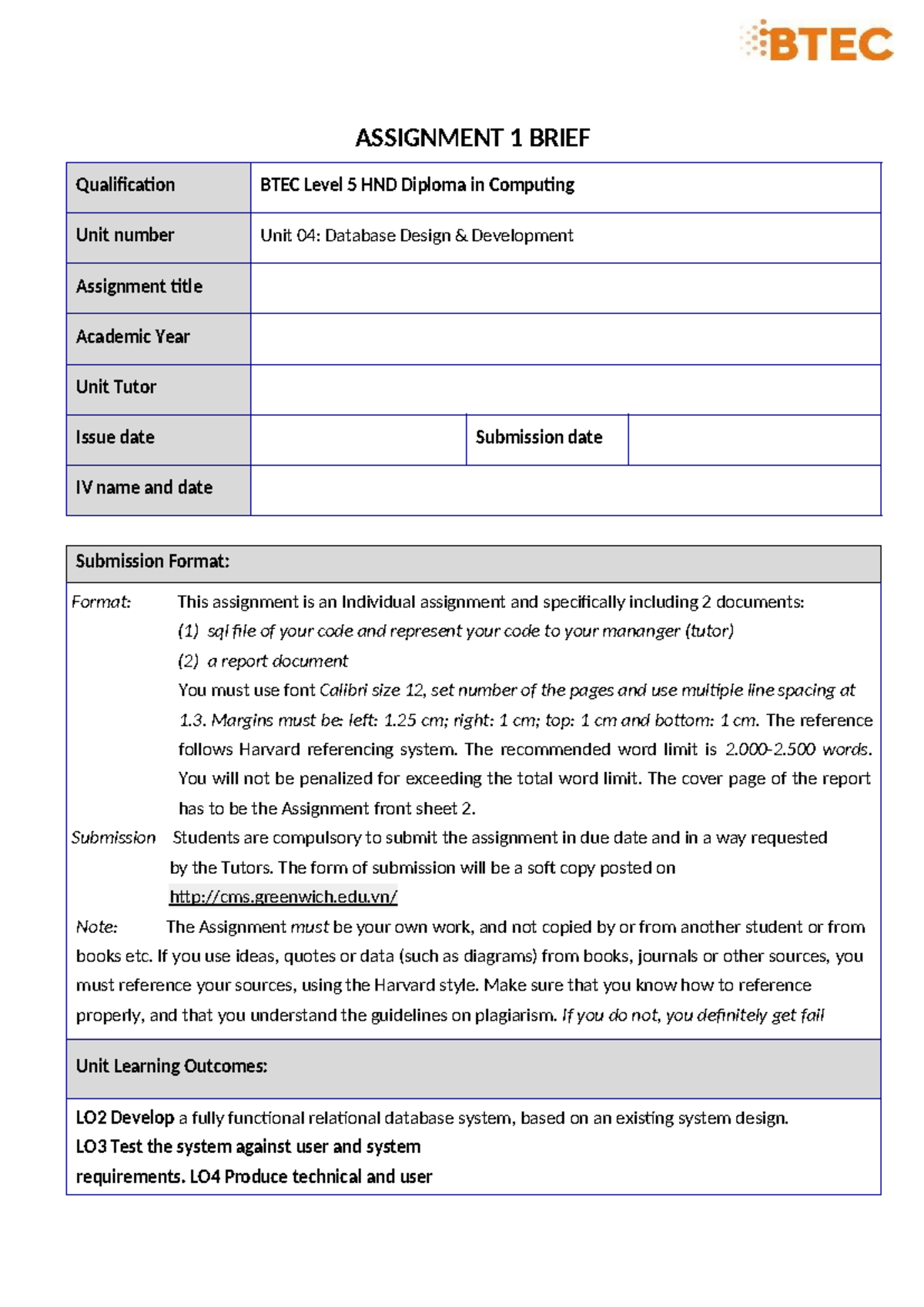 BTEC Level 5 HND Computing Unit 04: Database Design Assignment Brief ...