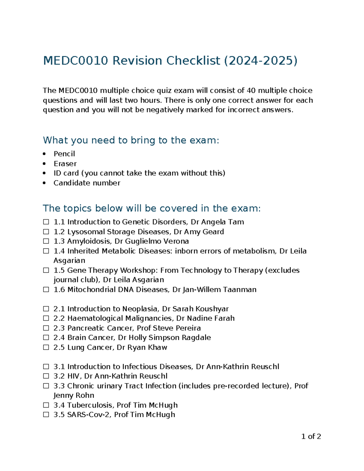 MEDC0010 Final Exam Revision Checklist for MCQ - Studocu