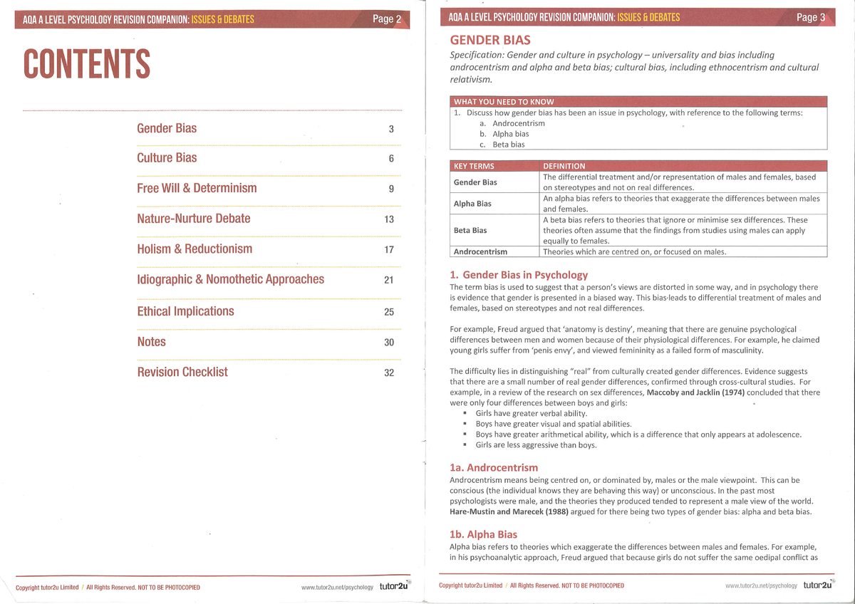 AQA A LEVEL PSYCHOLOGY: GENDER BIAS ISSUES & DEBATES REVISION NOTES ...