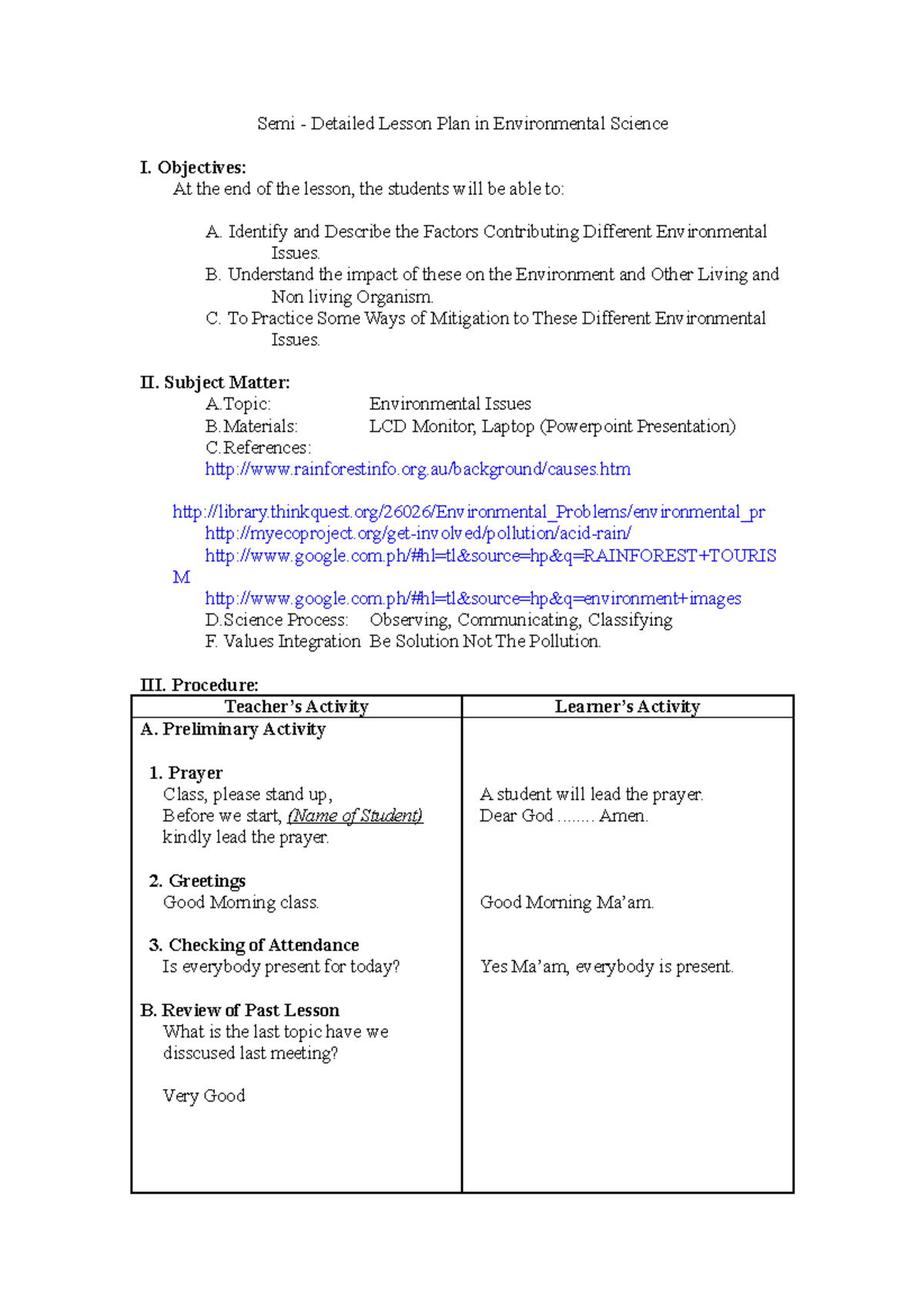 Detailed Lesson Plan in Environmental Science - Objectives: At the end ...