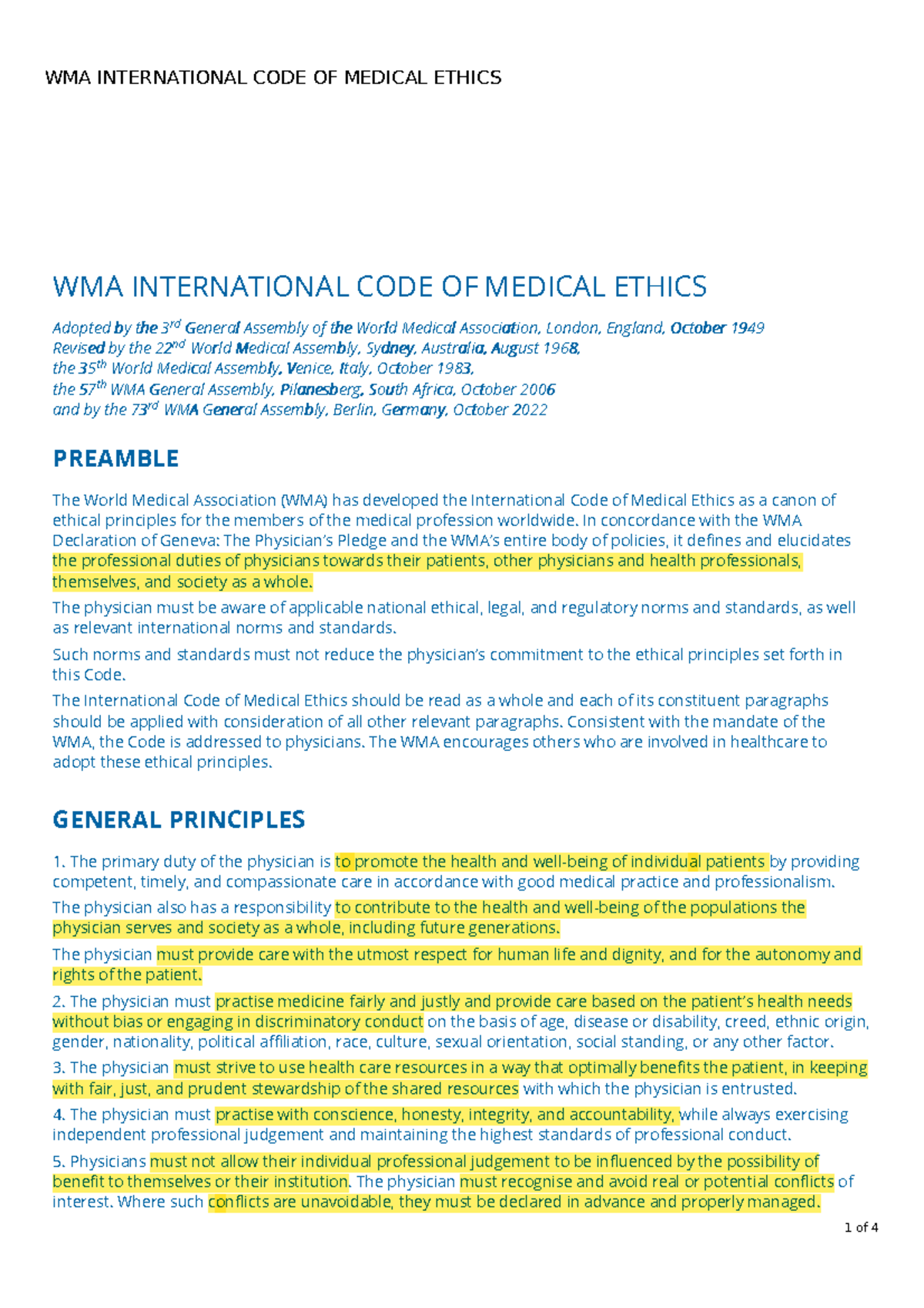 WMA International Code of Medical Ethics: Principles and Duties - Studocu