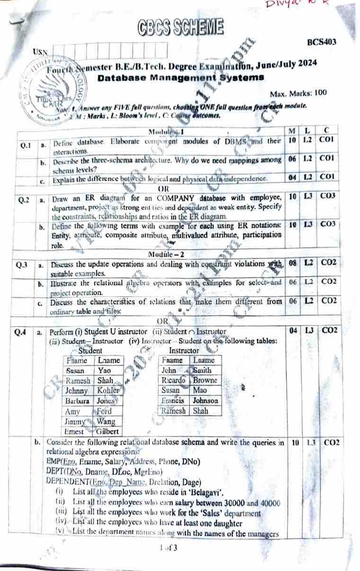 Database Management Systems (BCS403) - Previous Year Question Papers ...