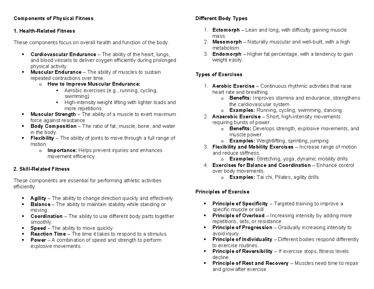 Pathfit Reviewer: Components of Physical Fitness and Exercise ...