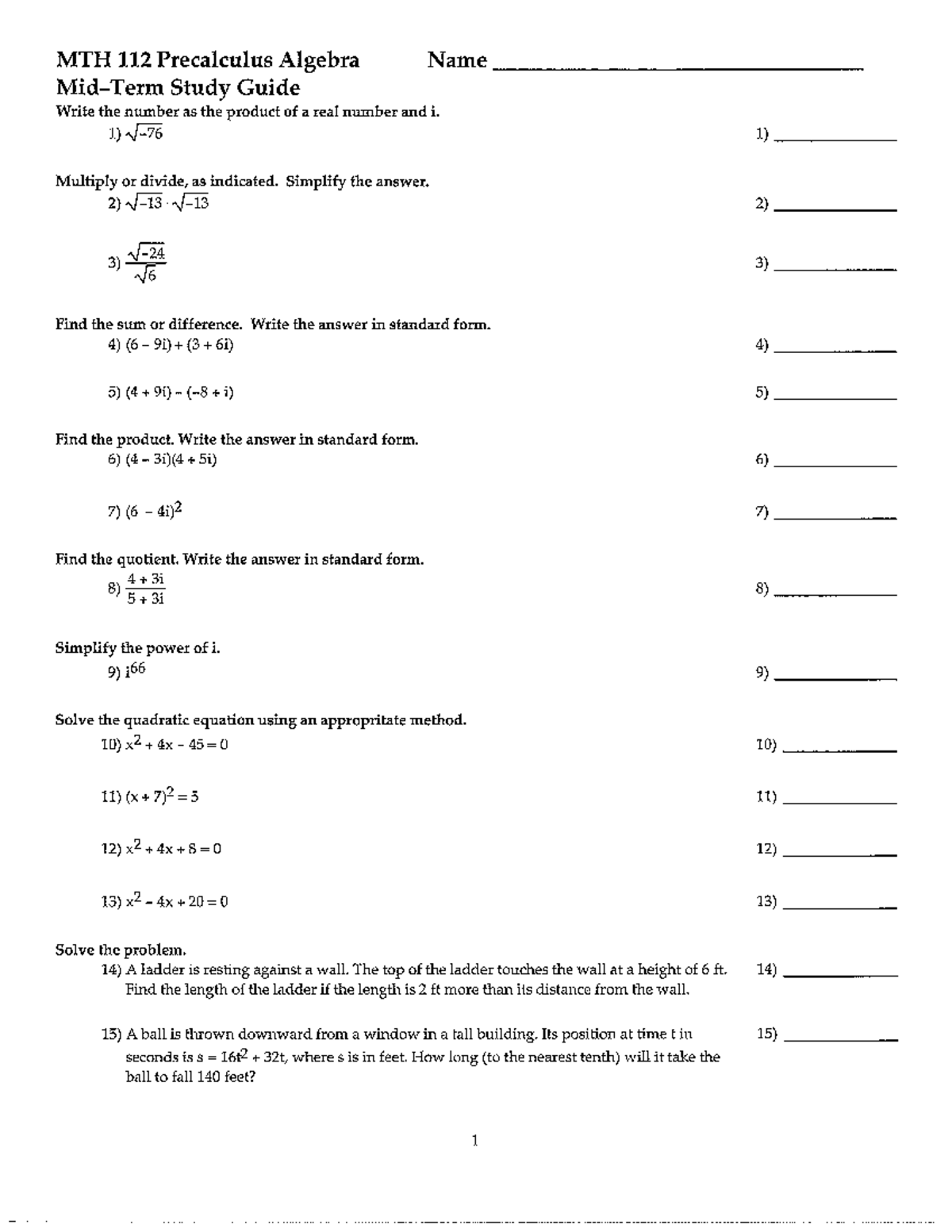MTH 112 Midterm Exam Study Guide: Precalculus Algebra Concepts - Studocu