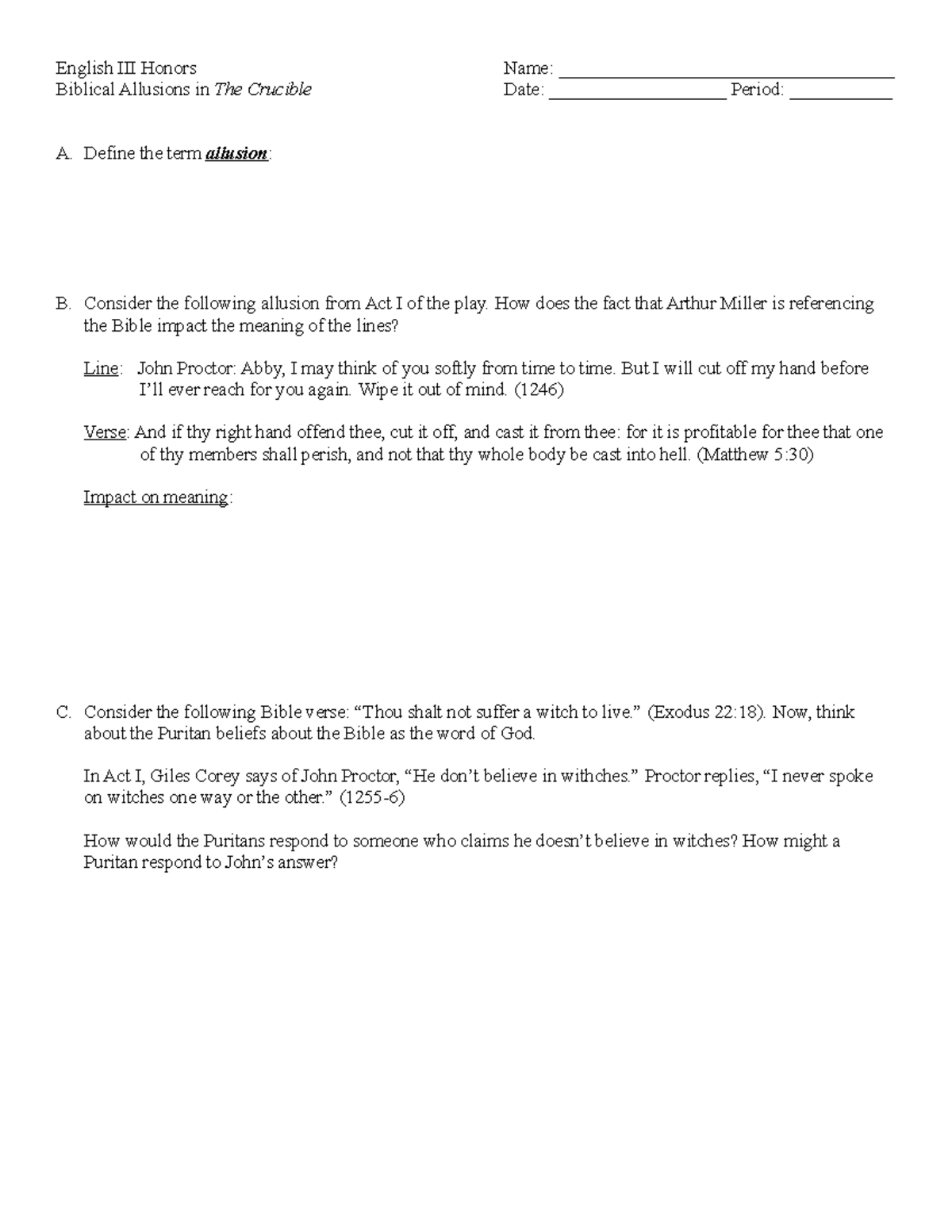 Biblical Allusions in The Crucible Worksheet - English III Honors - Studocu