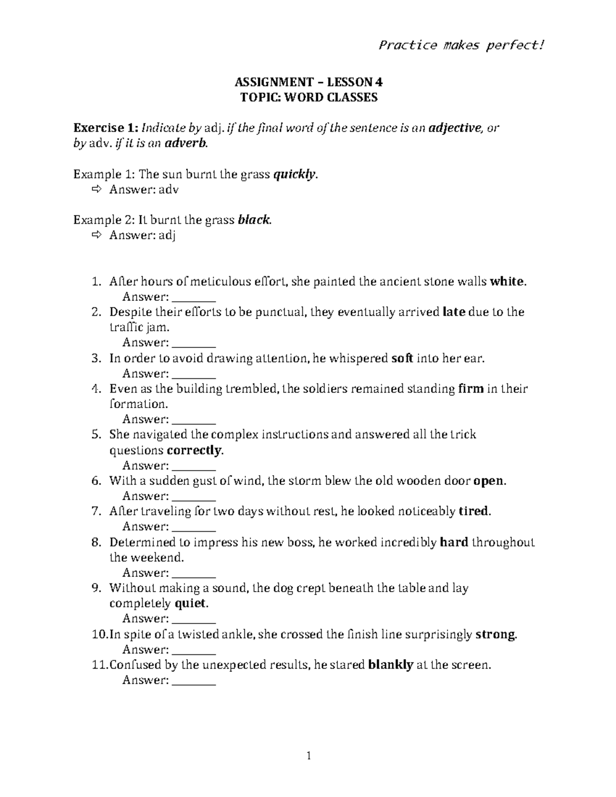 Assignment 4433: Word Classes Exercises and Adjective Phrases - Studocu