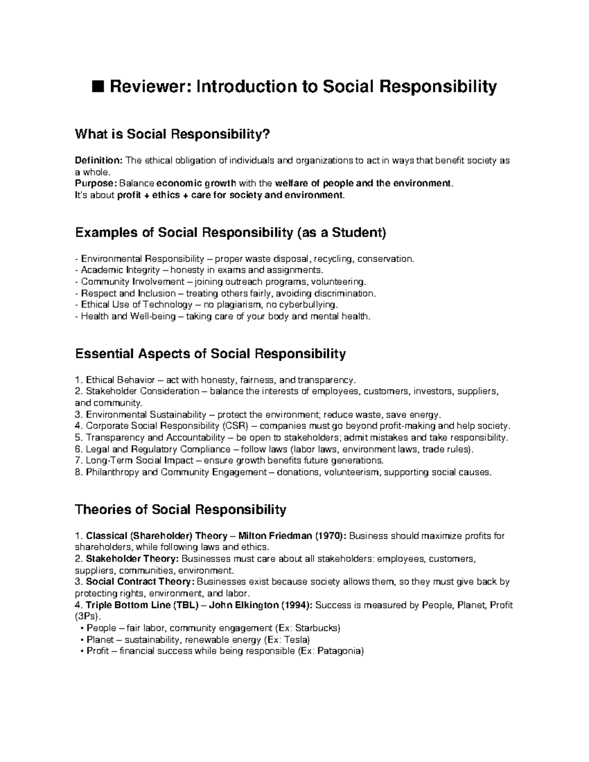 SOC 101: Reviewer on Introduction to Social Responsibility - Studocu