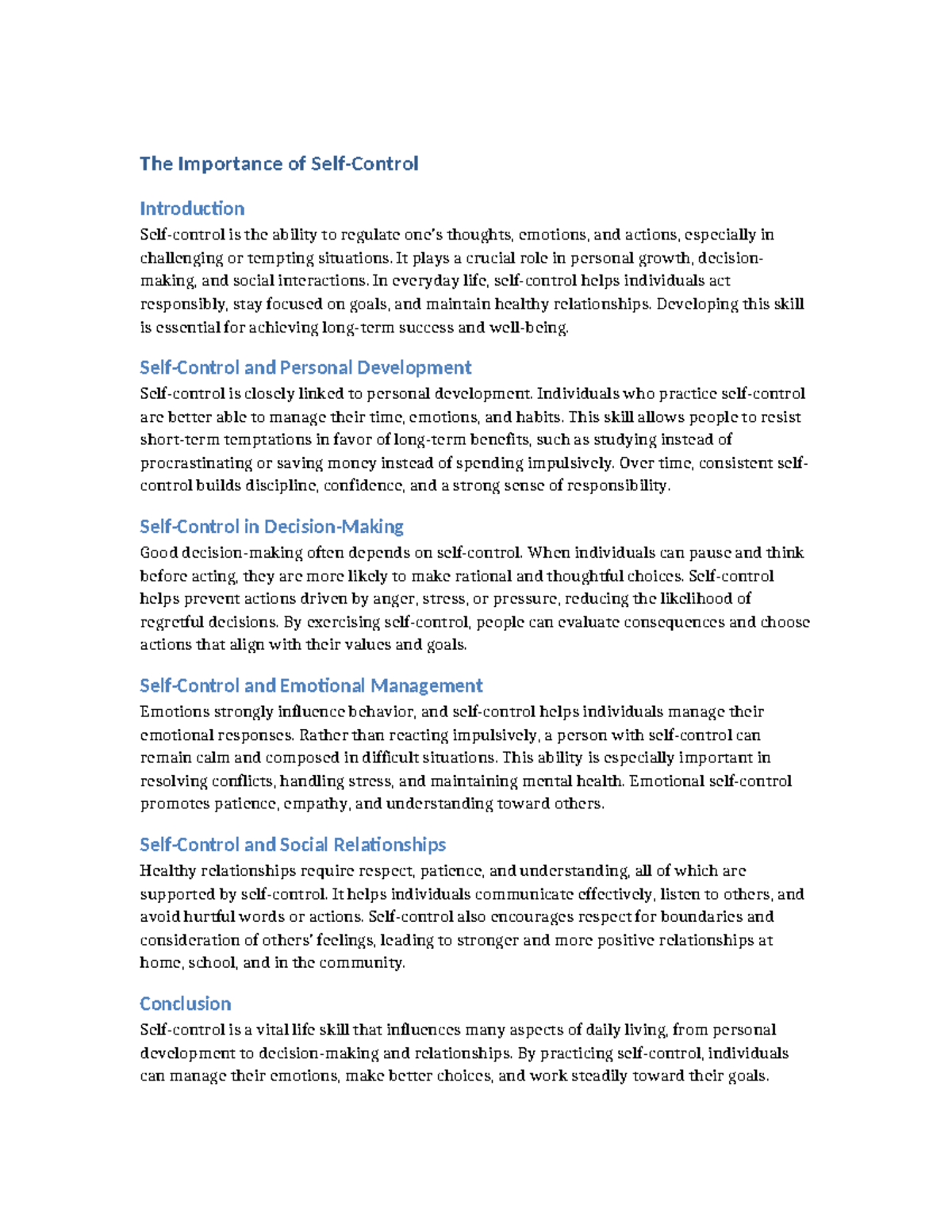 The Importance of Self-Control in Personal Development and ...