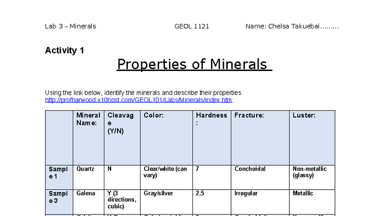 Lab 3 Minerals Activities GEOL 1121: Properties & Uses - Studocu