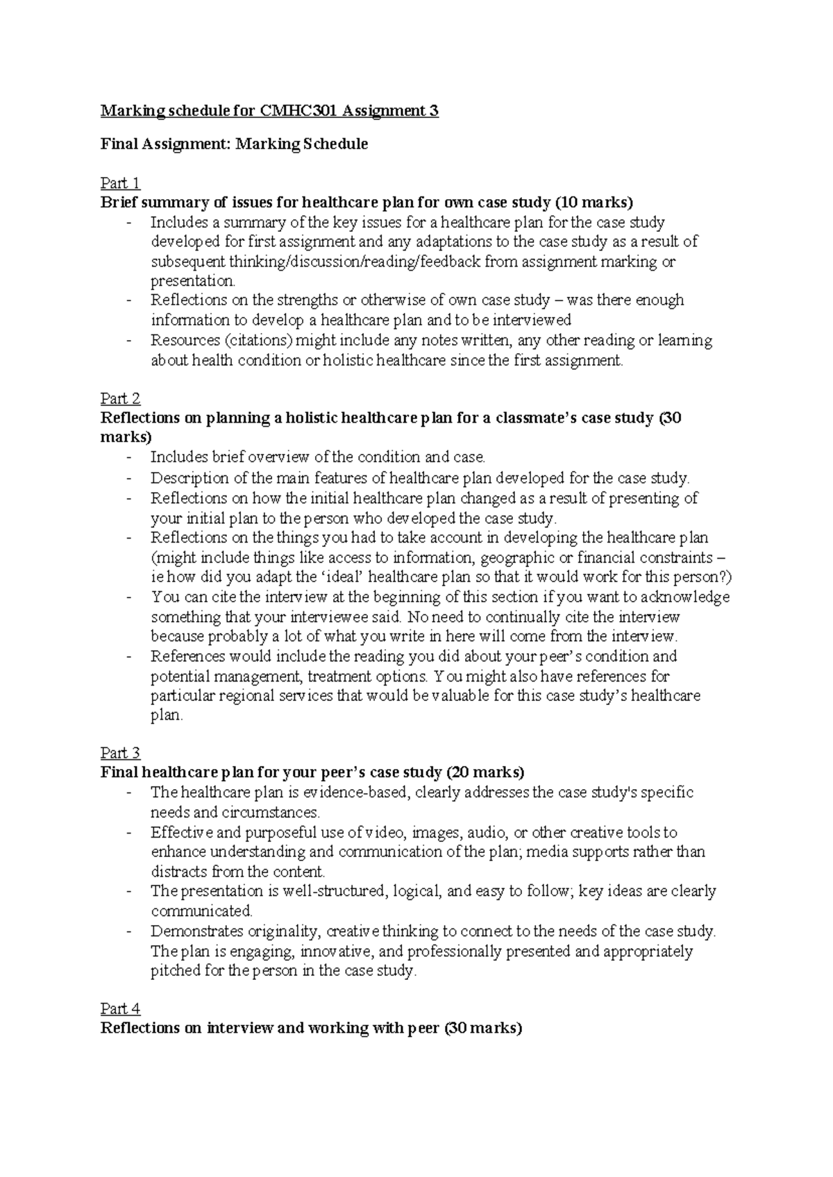 CMHC301 Final Assignment Marking Schedule: Healthcare Plan Overview ...