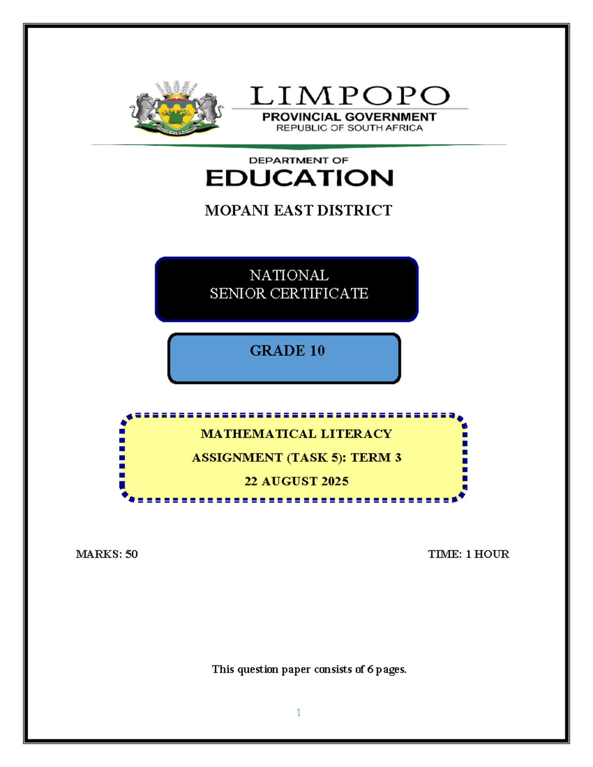 2025 Grade 10 Mathematical Literacy Assignment (Task 5) Term 3 - Studocu