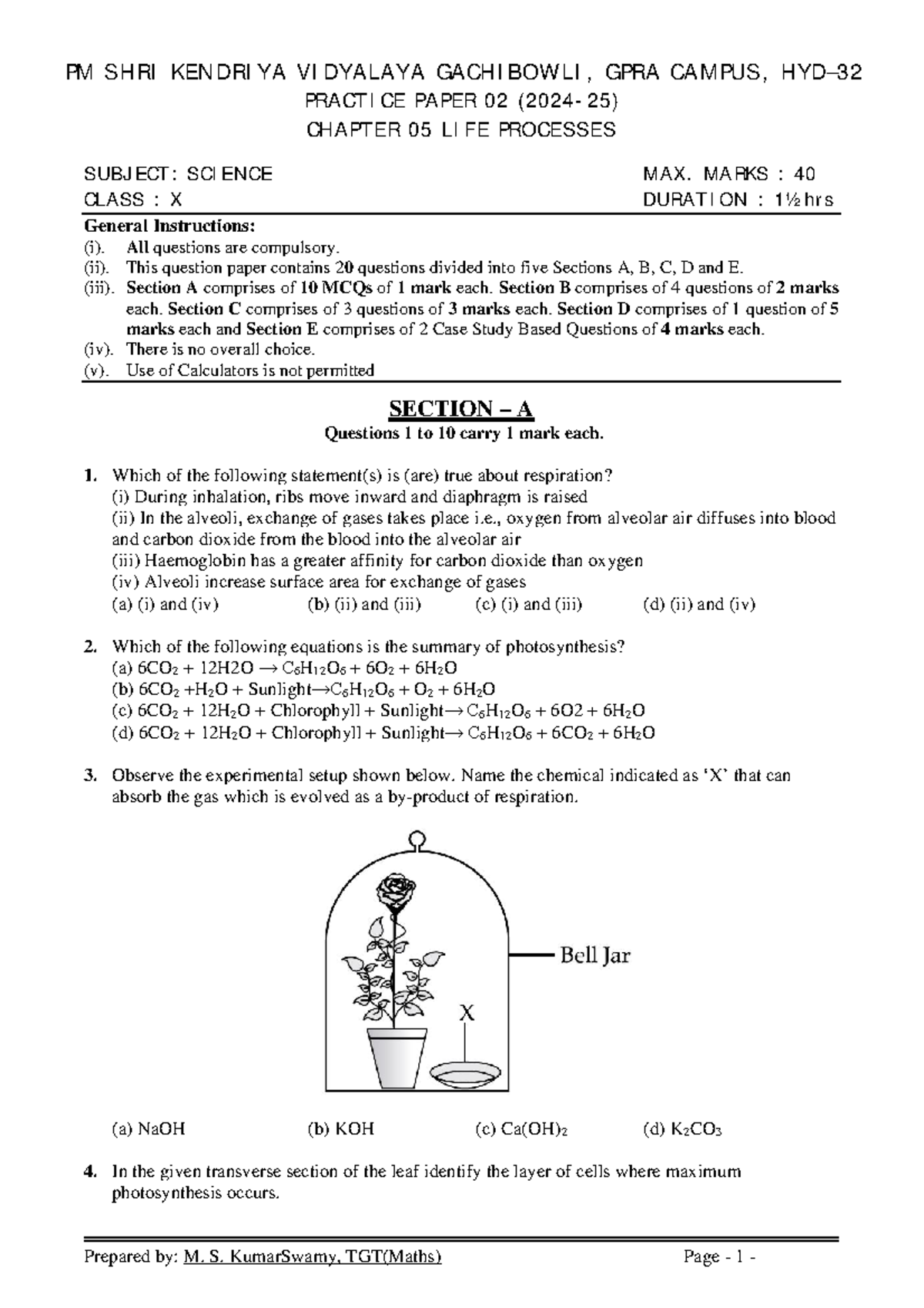Science Class X Practice Paper 02: Chapter 05 Life Processes 2024 - Studocu