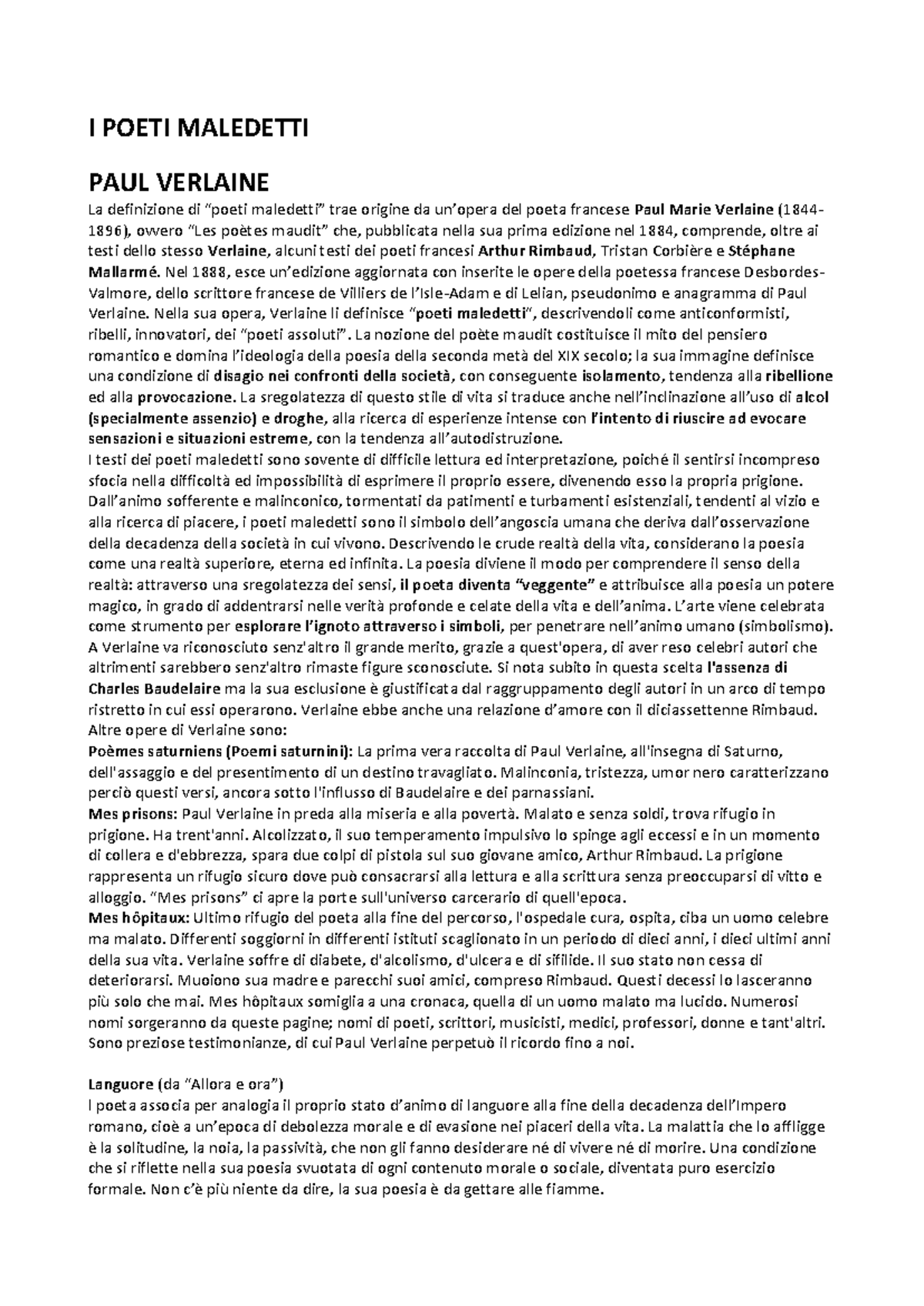 Poeti Maledetti: Lezione 5 - Analisi di Verlaine e Baudelaire - Studocu
