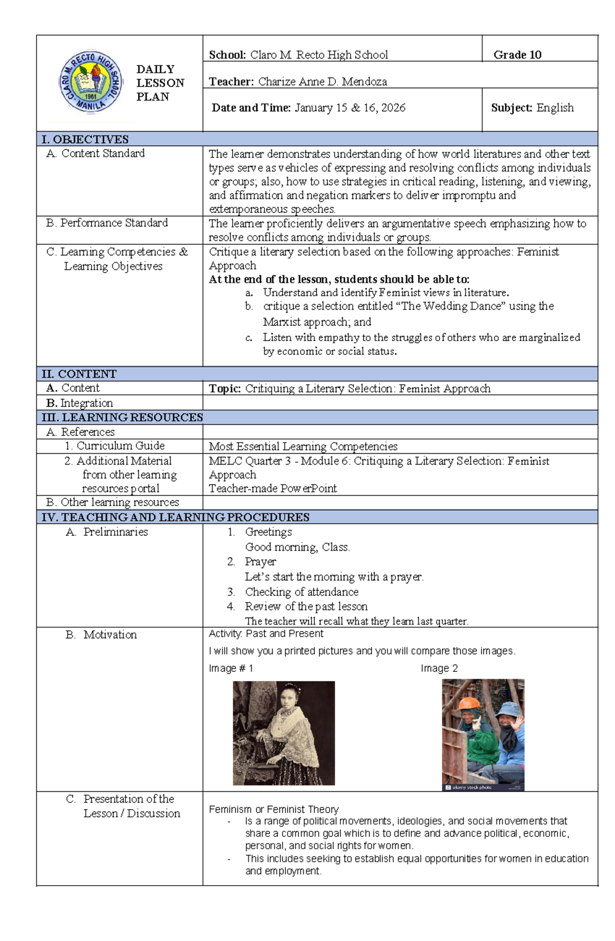 Grade 10 English Daily Lesson Plan: Critiquing Literature via Feminism ...