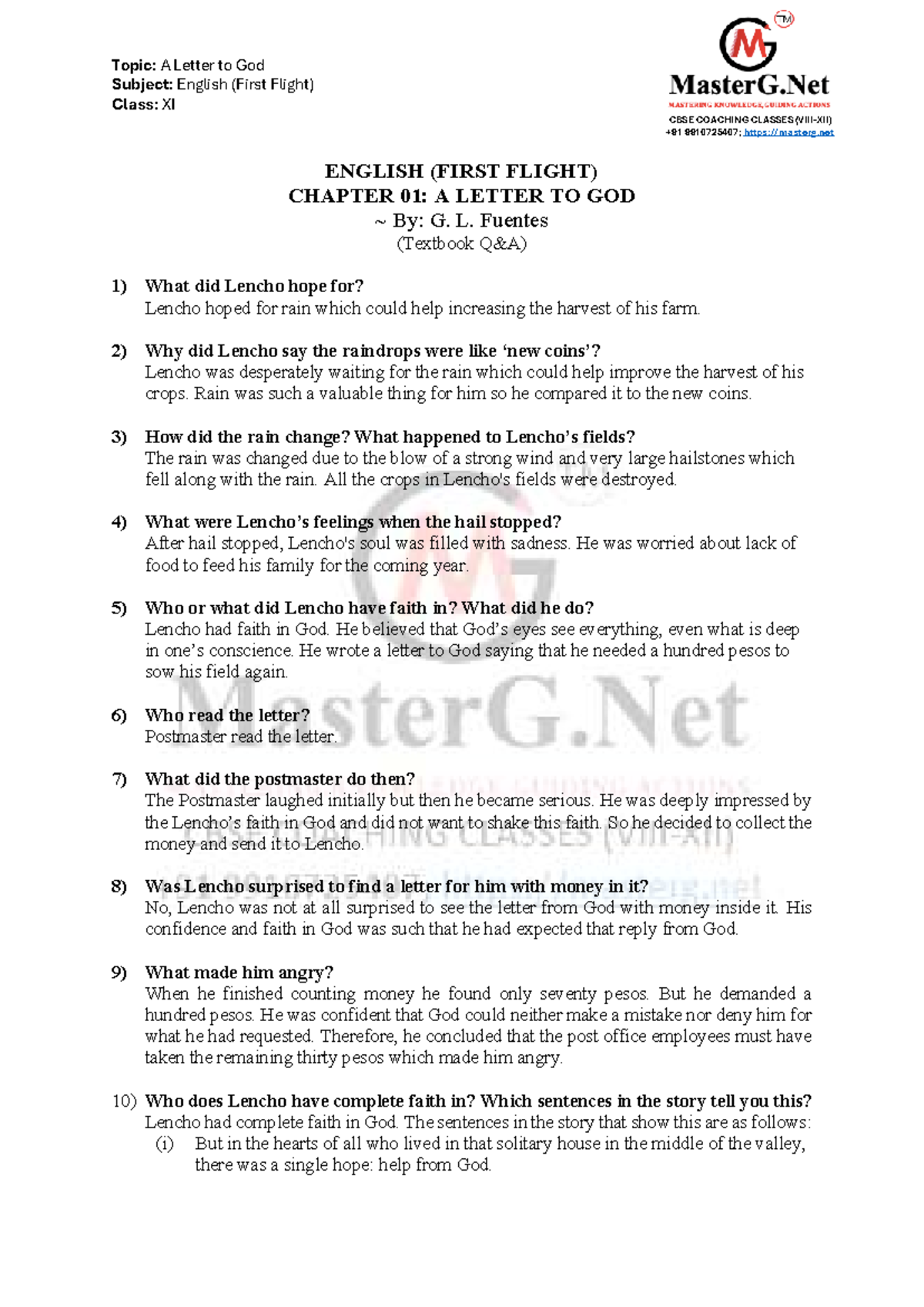 A Letter to God: Q&A for XI English (First Flight) Chapter 1 - Studocu