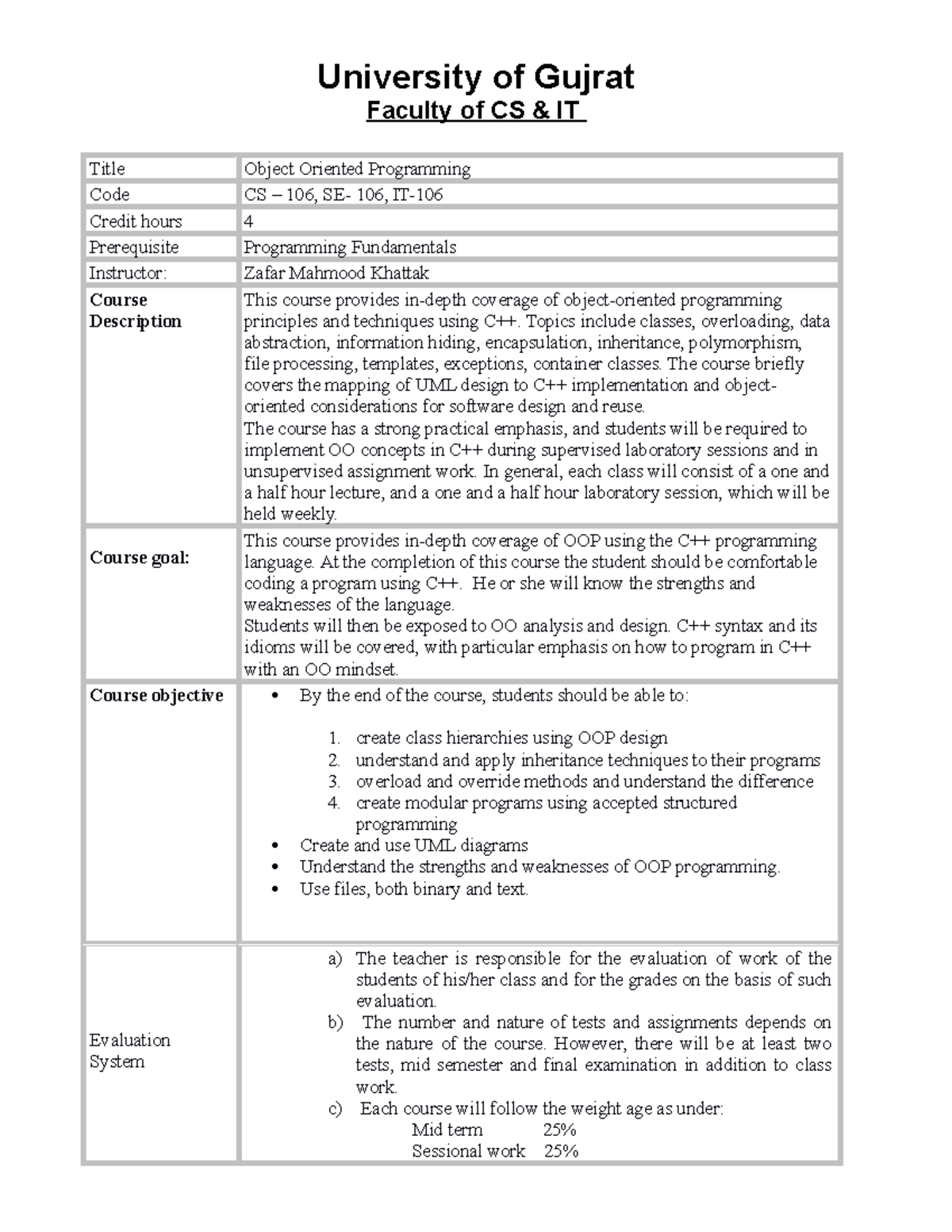 OOP 16 Week Plan - OUTLINE - University of Gujrat Faculty of CS & IT ...