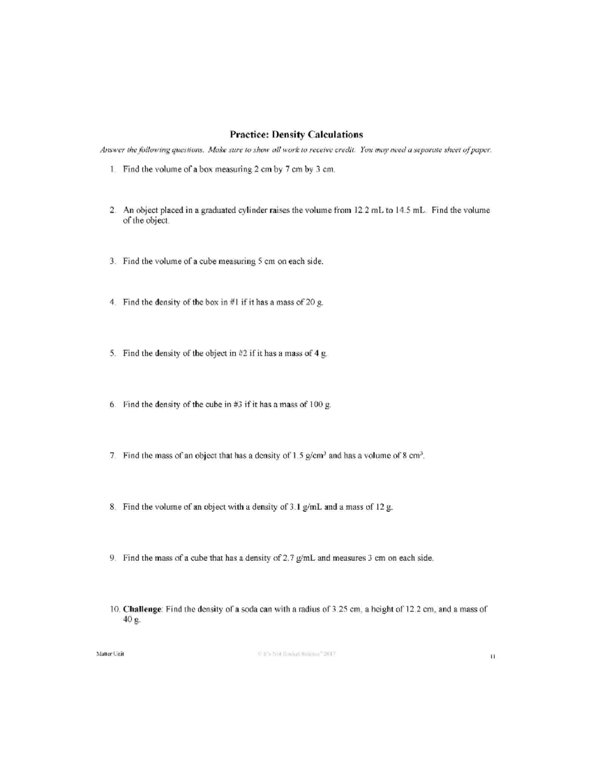 Density Calculations Practice: Volume & Mass Problems (Matter Unit) - Studocu