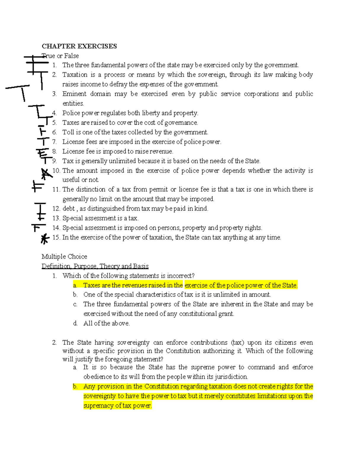 TAXATION CHAPTER EXERCISES: True or False & Multiple Choice Questions ...