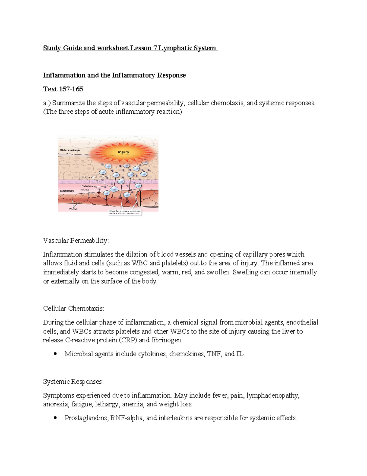 Worksheet for Lesson 7: Exploring the Lymphatic System and Inflammation ...