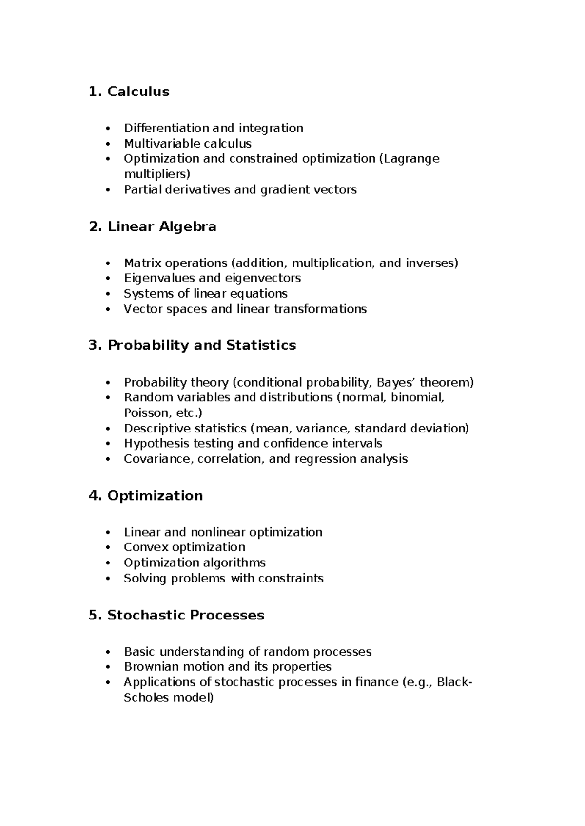 Princeton MFIN Math Assessment Checklist: Key Topics Overview - Studocu