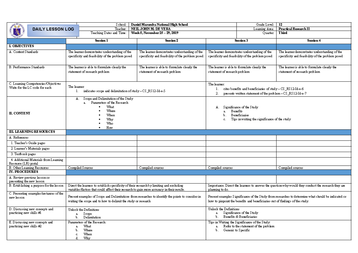 PR II Daily Lesson Log: Week 5 (Nov 25-29, 2019) - Studocu
