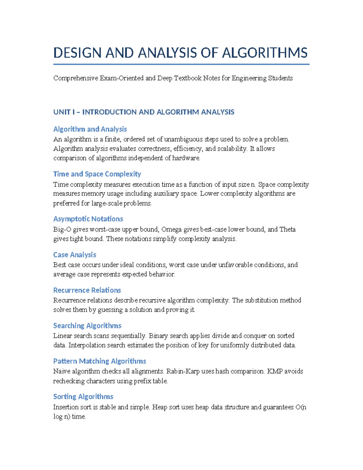 DAA Comprehensive Exam & Textbook Notes: Algorithms & Analysis - Studocu