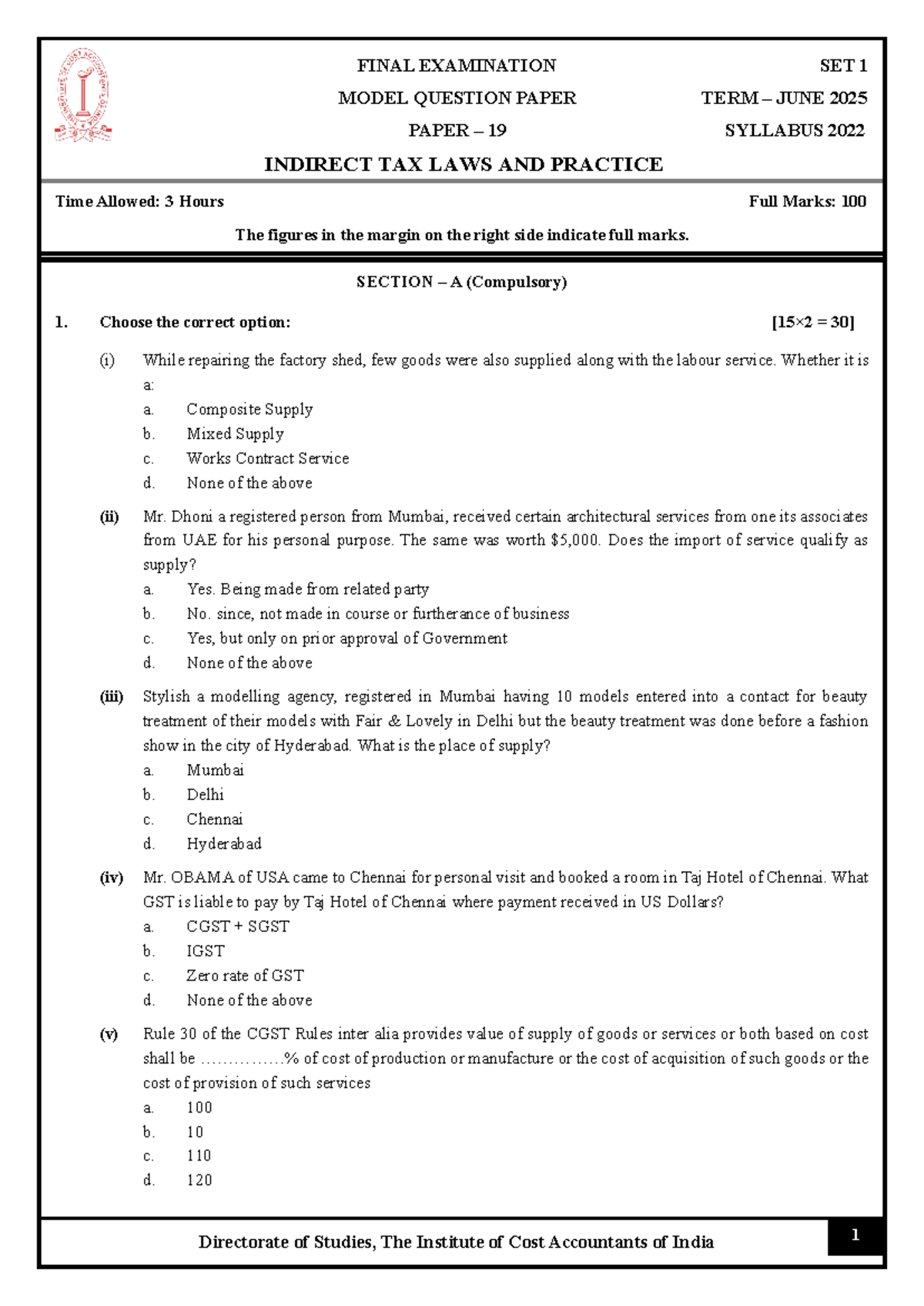 FINAL EXAMINATION MODEL QUESTION PAPER TERM JUNE 2025 PAPER 19 INDIRECT ...