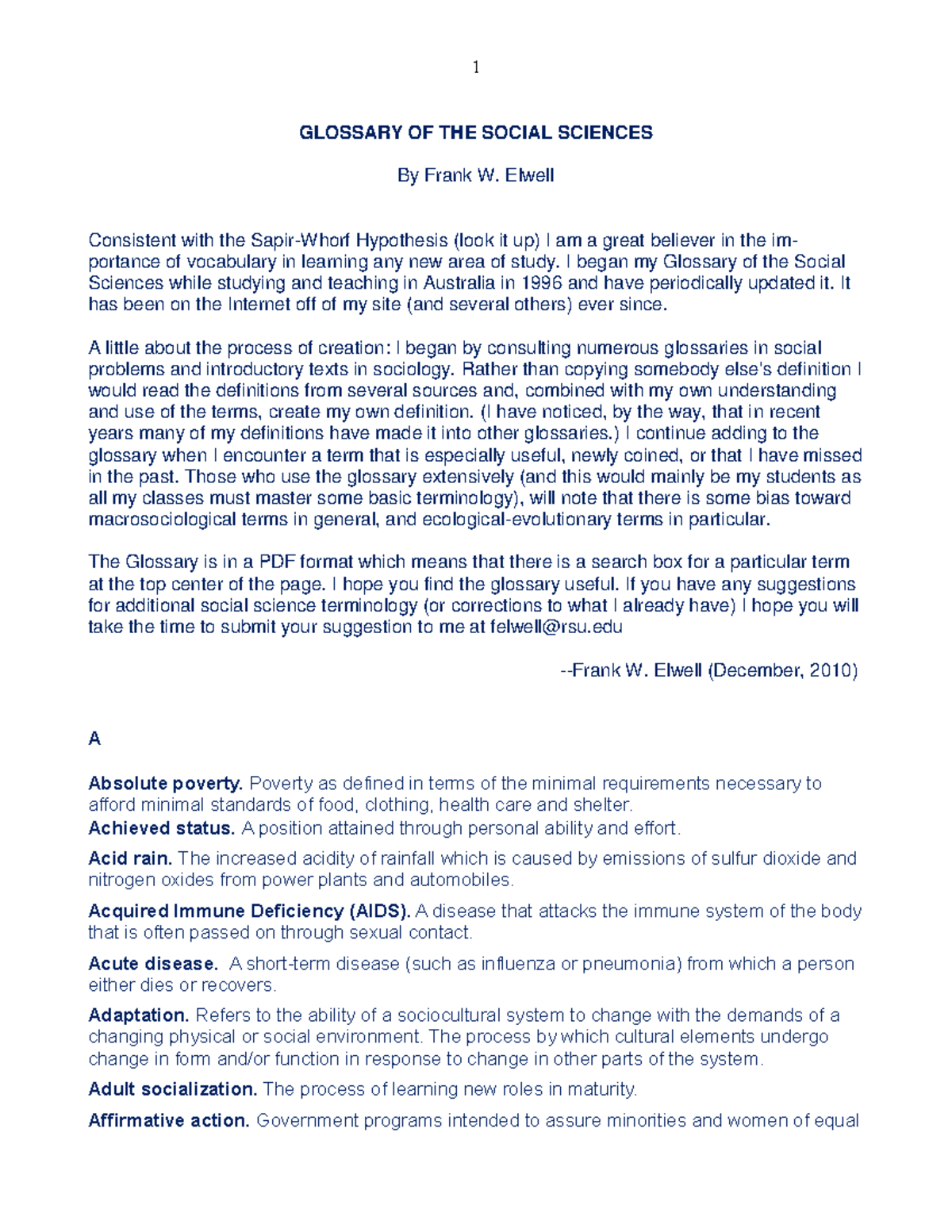 Comprehensive Glossary of Social Science Terms for SS101 - Studocu