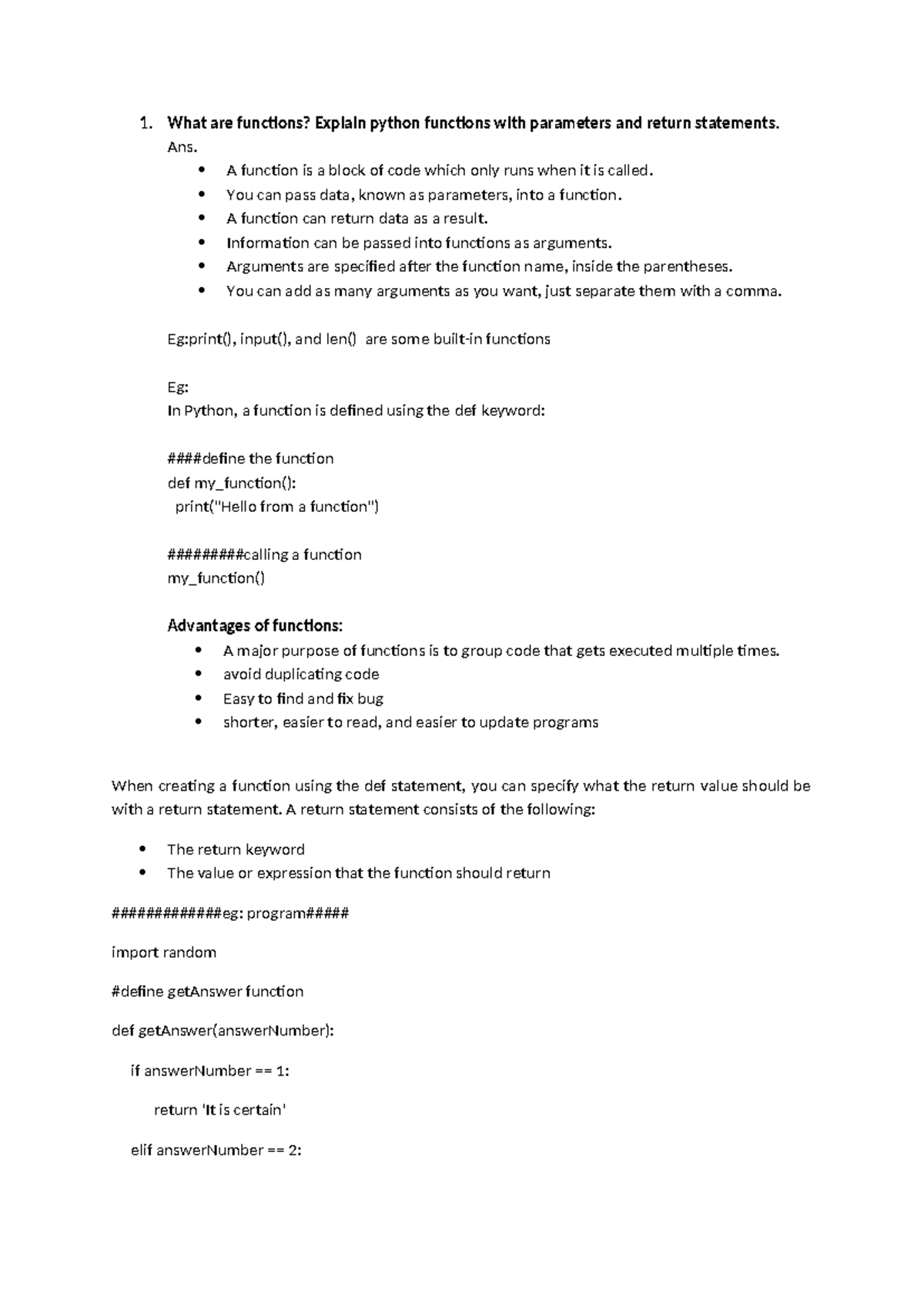 Module 1 QA - What are functions? Explain python functions with parameters and return statements ...
