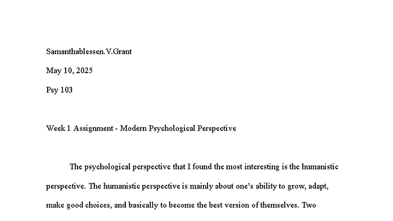 PSY 103 Week 1 Assignment: Exploring Humanistic Perspective - Studocu