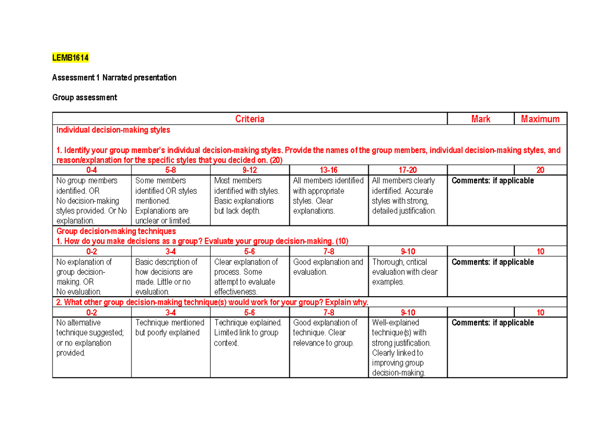 LEMB1614 Assessment 1 Group Narrated Presentation Rubric - Studocu