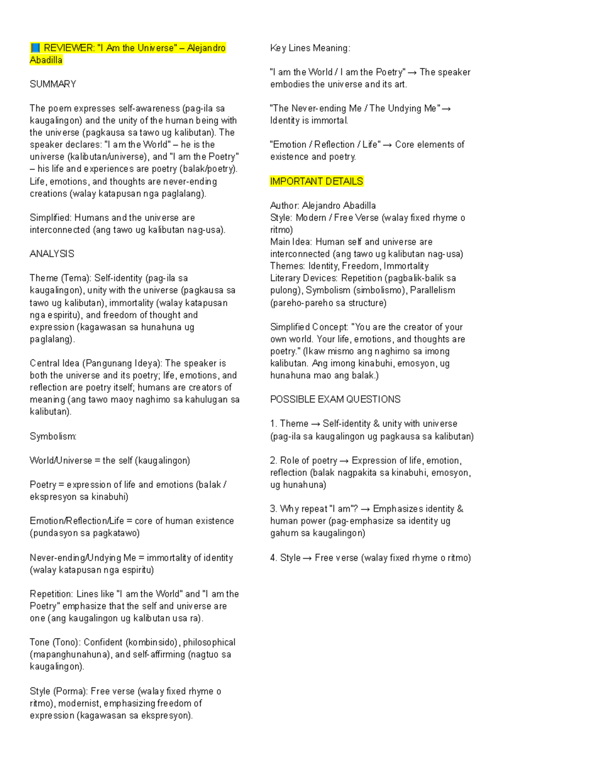 REVIEWER 158: Key Themes and Analysis of Selected Literary Works - Studocu