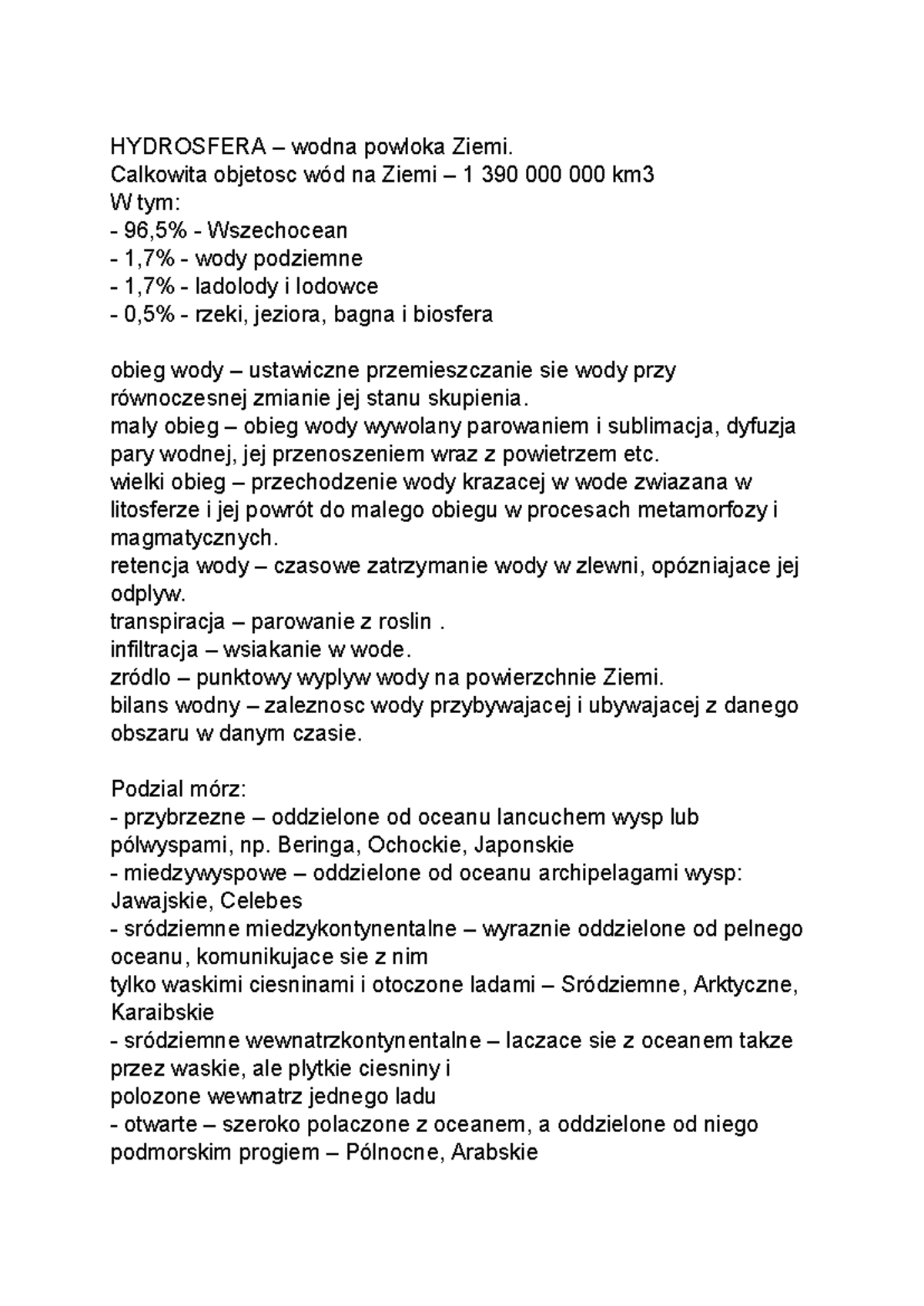 Notatki do Hydrosfery - struktura i obieg wód Ziemi - Studocu