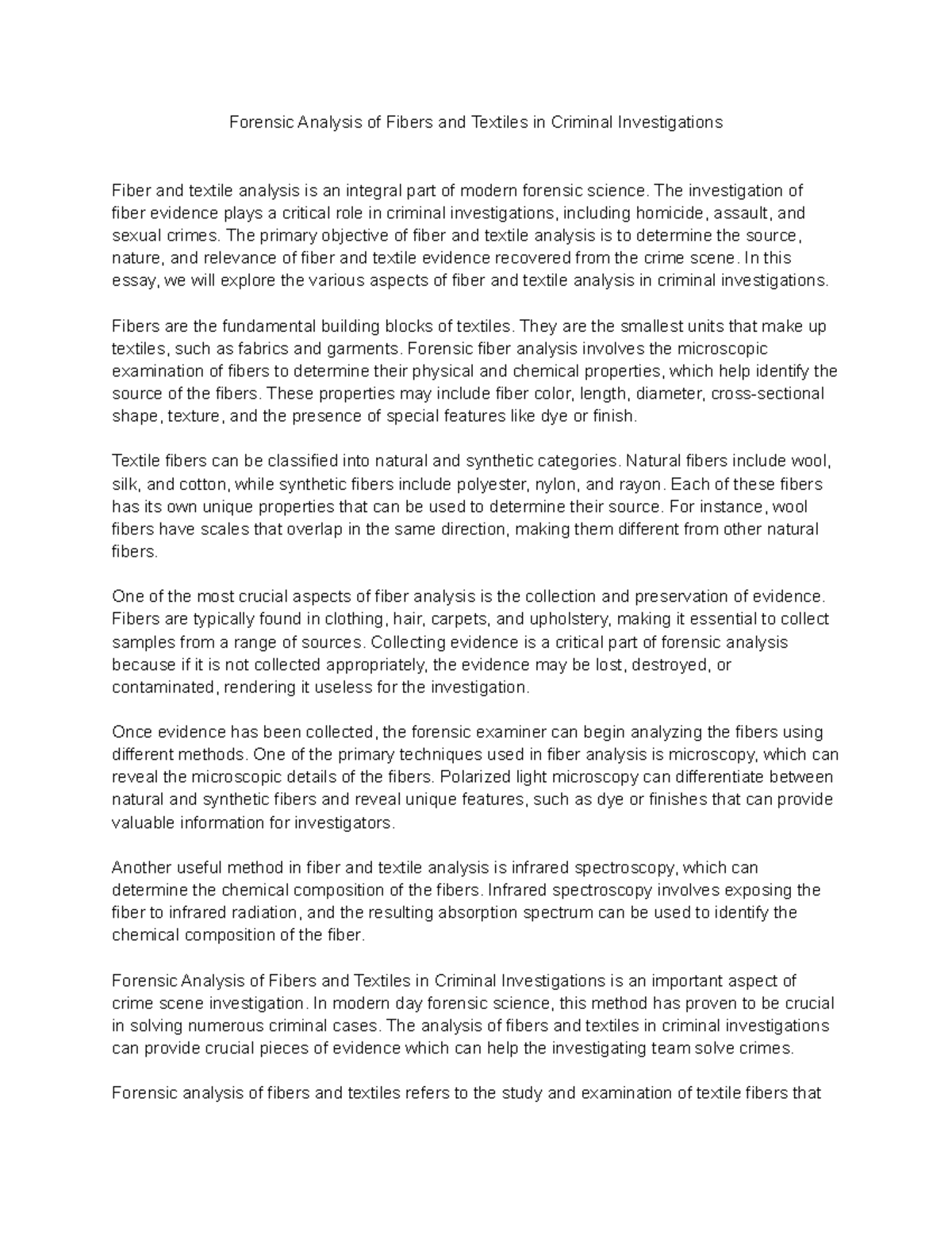 Forensic Fiber And Textile Analysis In Criminal Investigations A Study