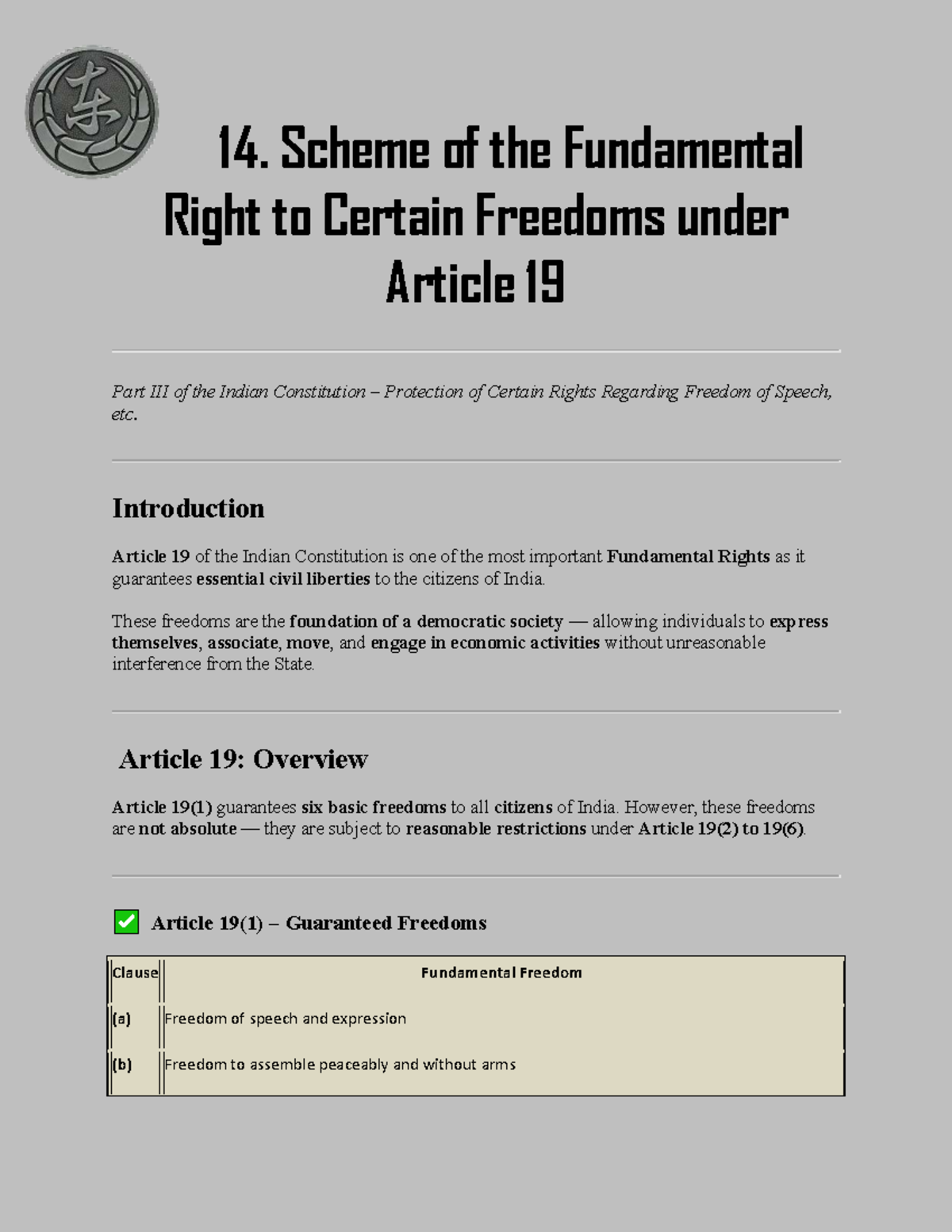 14. Overview of Fundamental Rights under Article 19 of the Indian ...