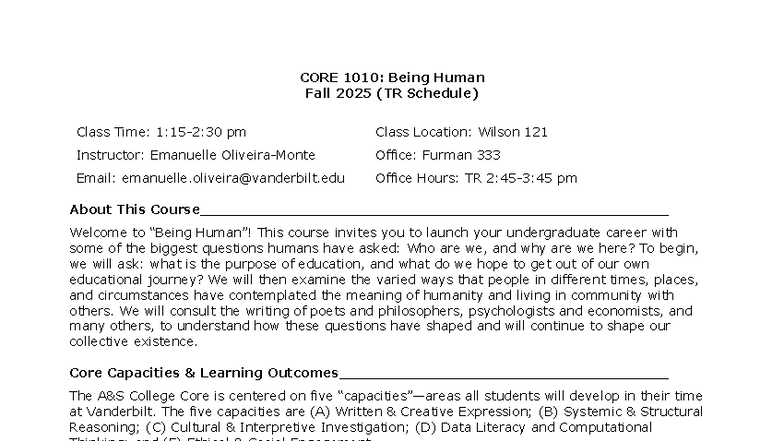 CORE 1010: Being Human Fall 2025 Syllabus and Course Overview - Studocu
