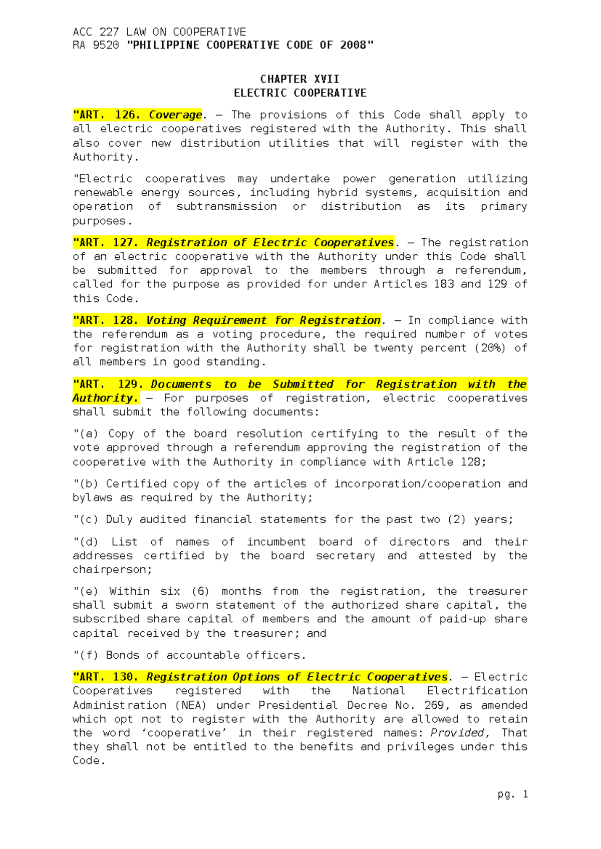 ACC 227 Final Exam Notes on RA 9520 Cooperative Code Chapter XVII - Studocu