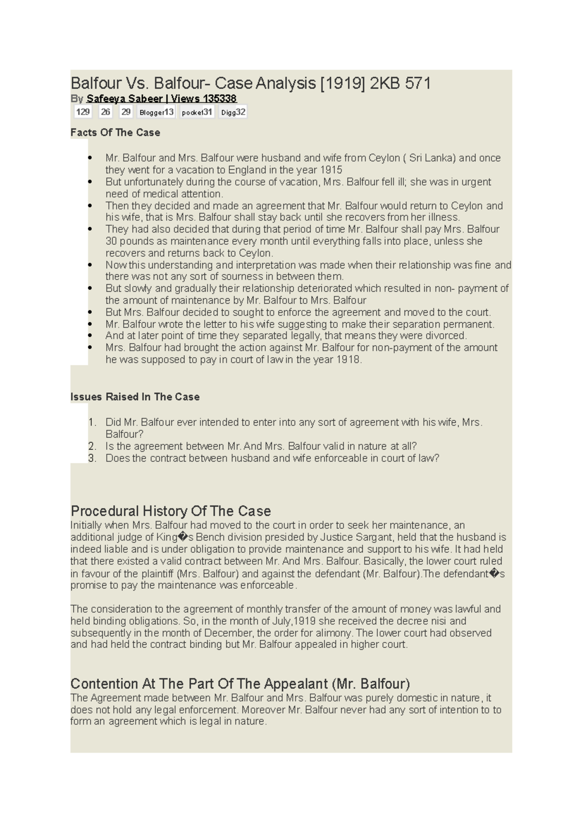 Law of Contract - Case Study of Balfour Vs. Balfour (1919) Analysis ...
