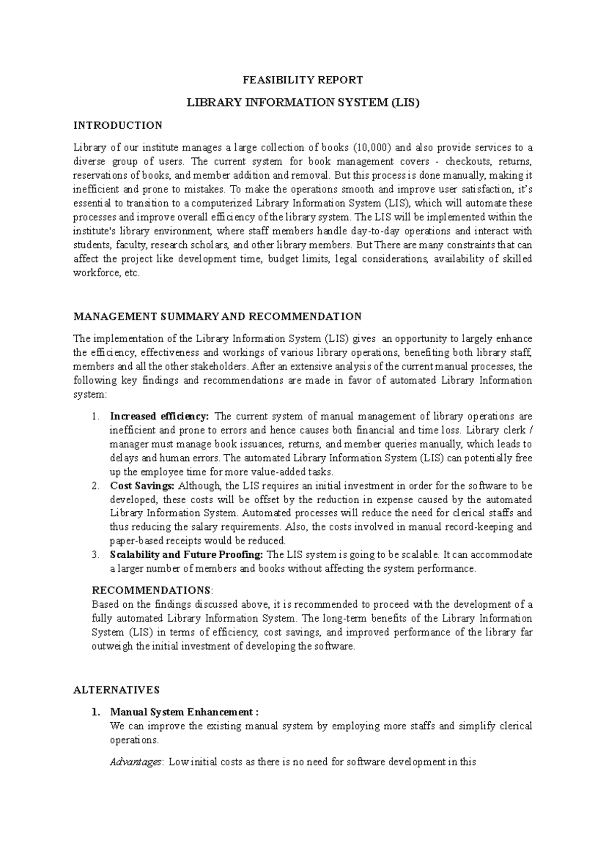 LIS Feasibility Report: Automated Library Information System Analysis ...
