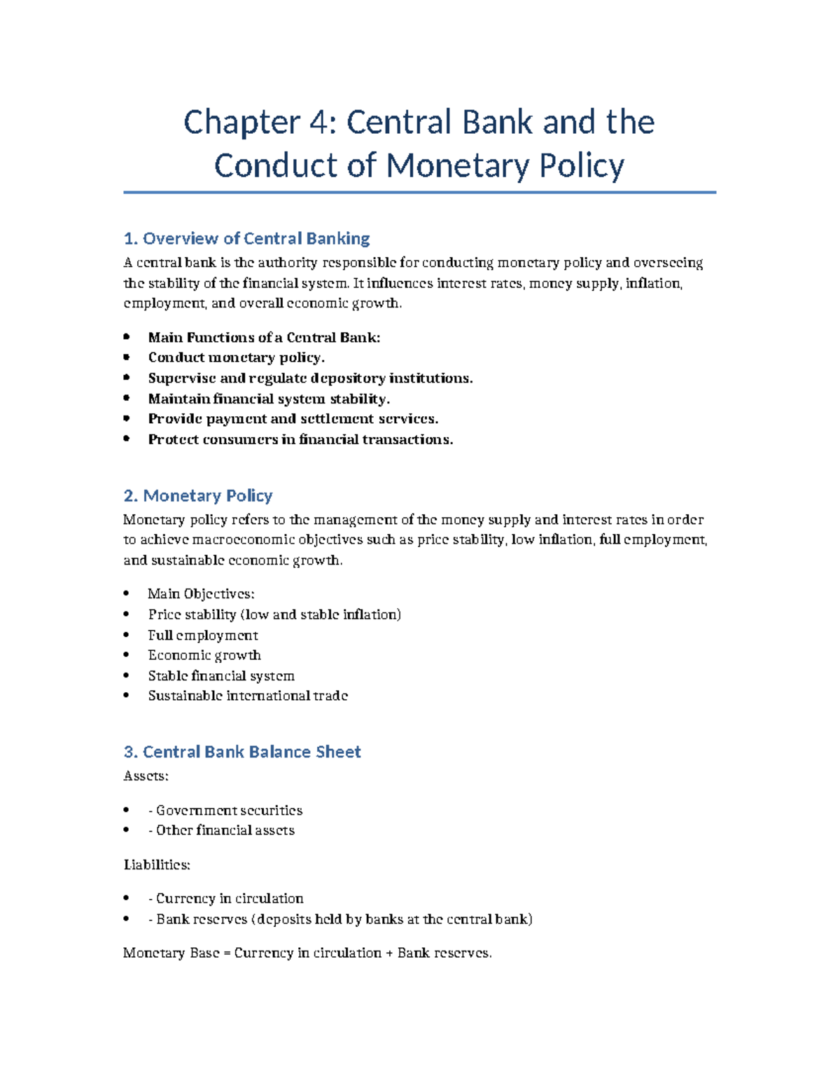 Chapter 4: Detailed Notes on Central Bank & Monetary Policy - Studocu