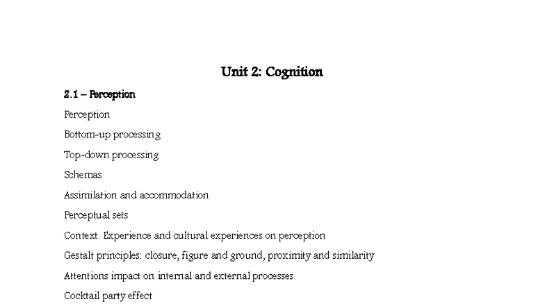 Unit 2: Cognition Terms - Perception, Memory, and Intelligence - Studocu