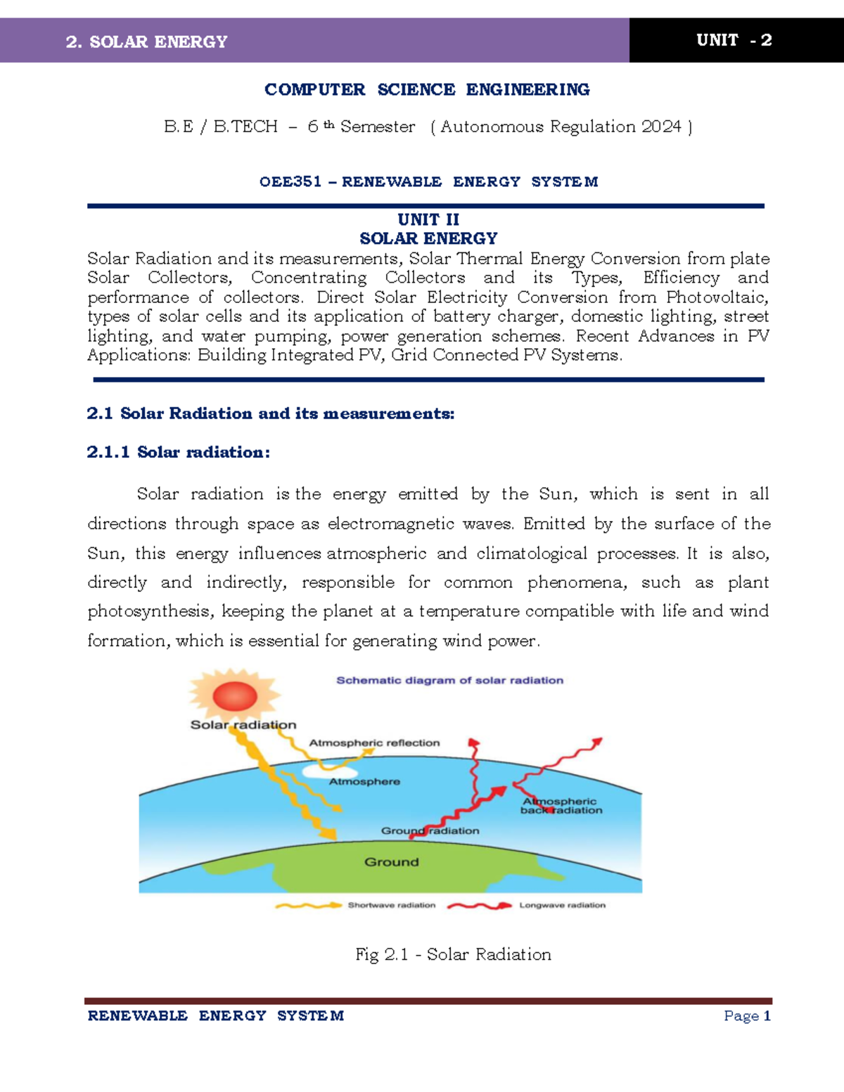 OEE351-RES-UNIT 2: Comprehensive Study on Solar Energy Systems - Studocu